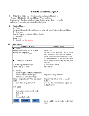 DLP 3 - lesson plan - DETAILED LESSON PLAN DLP No. 3 Learning Area: English Grade Level: 3 ...