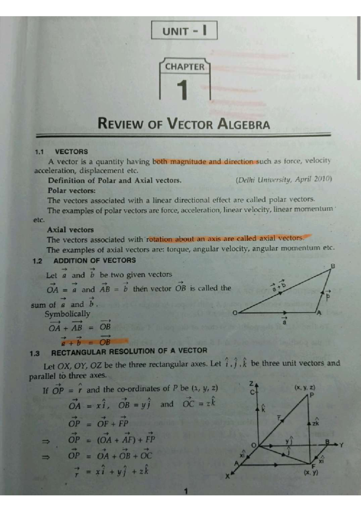 UNIT I CHAPTER 1 REVIEW OF VECTOR ALGEBRA NOTES - Studocu