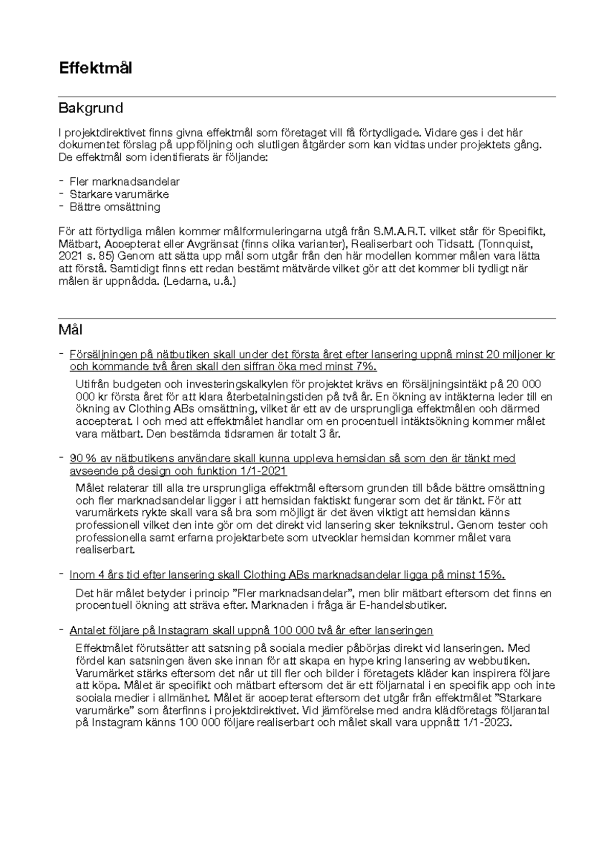 PPL Effektmål och Åtgärdsplan för Clothing AB's Nätbutik - Studocu