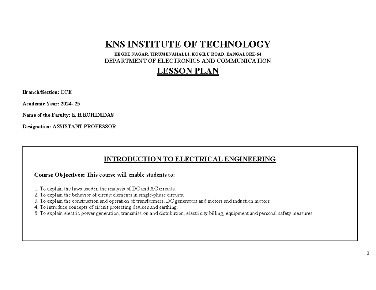 BESCK104B Lesson Plan: Introduction to Electrical Engineering - Studocu