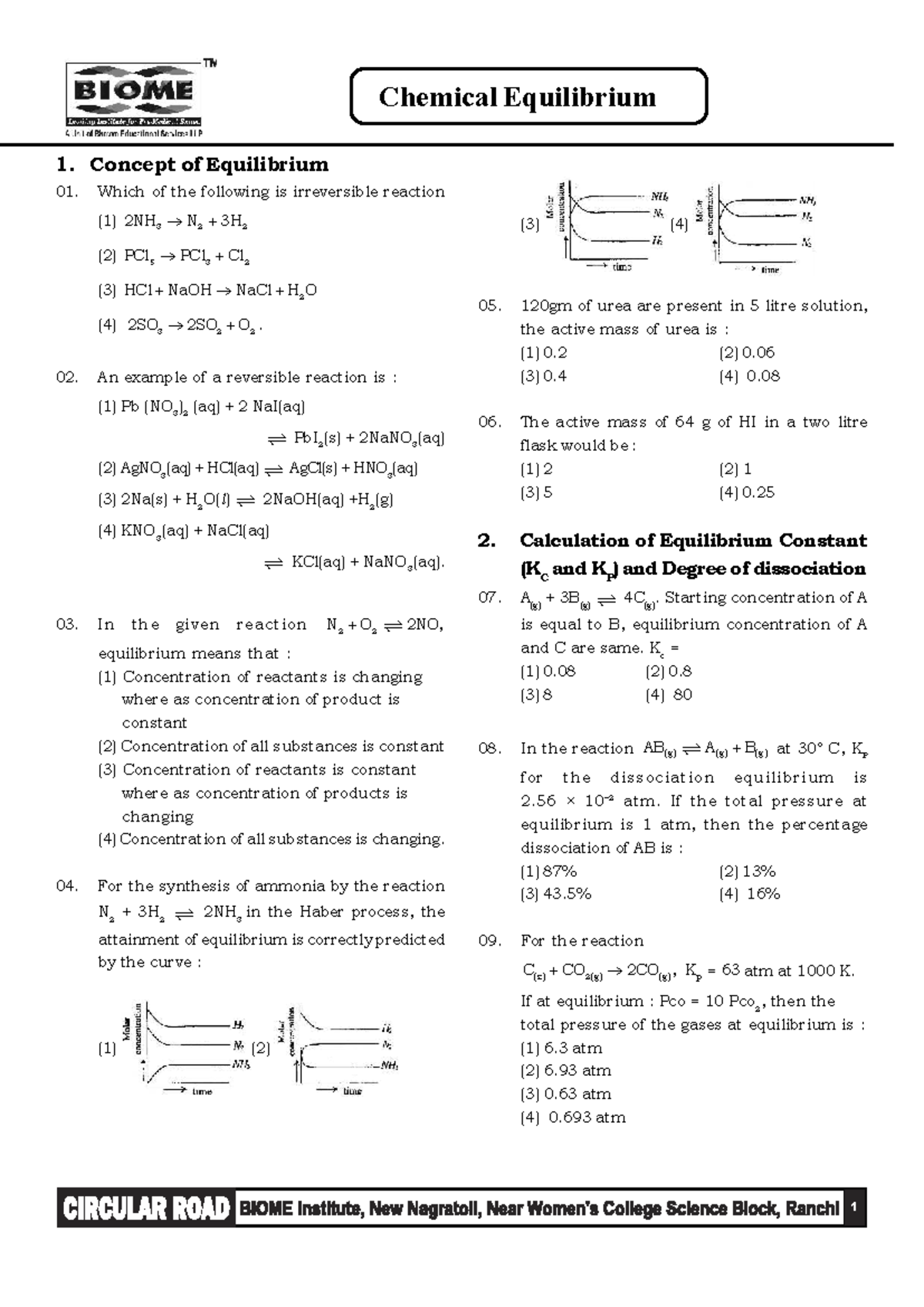 Chemical Equilibrium: Concepts and Calculations (CHEM 101) - Studocu