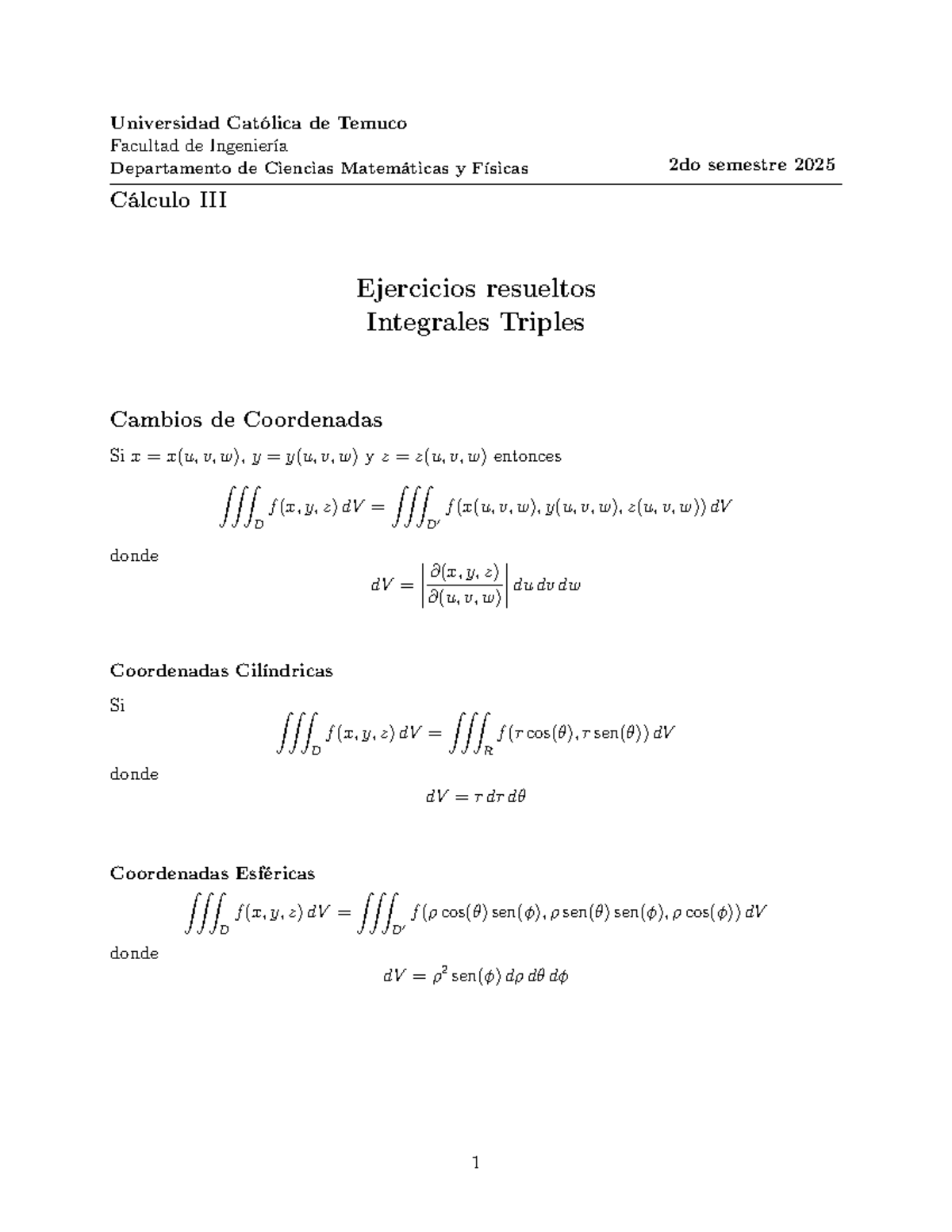 Ejercicios Resueltos de Integrales Triples - Mate1126 - Studocu
