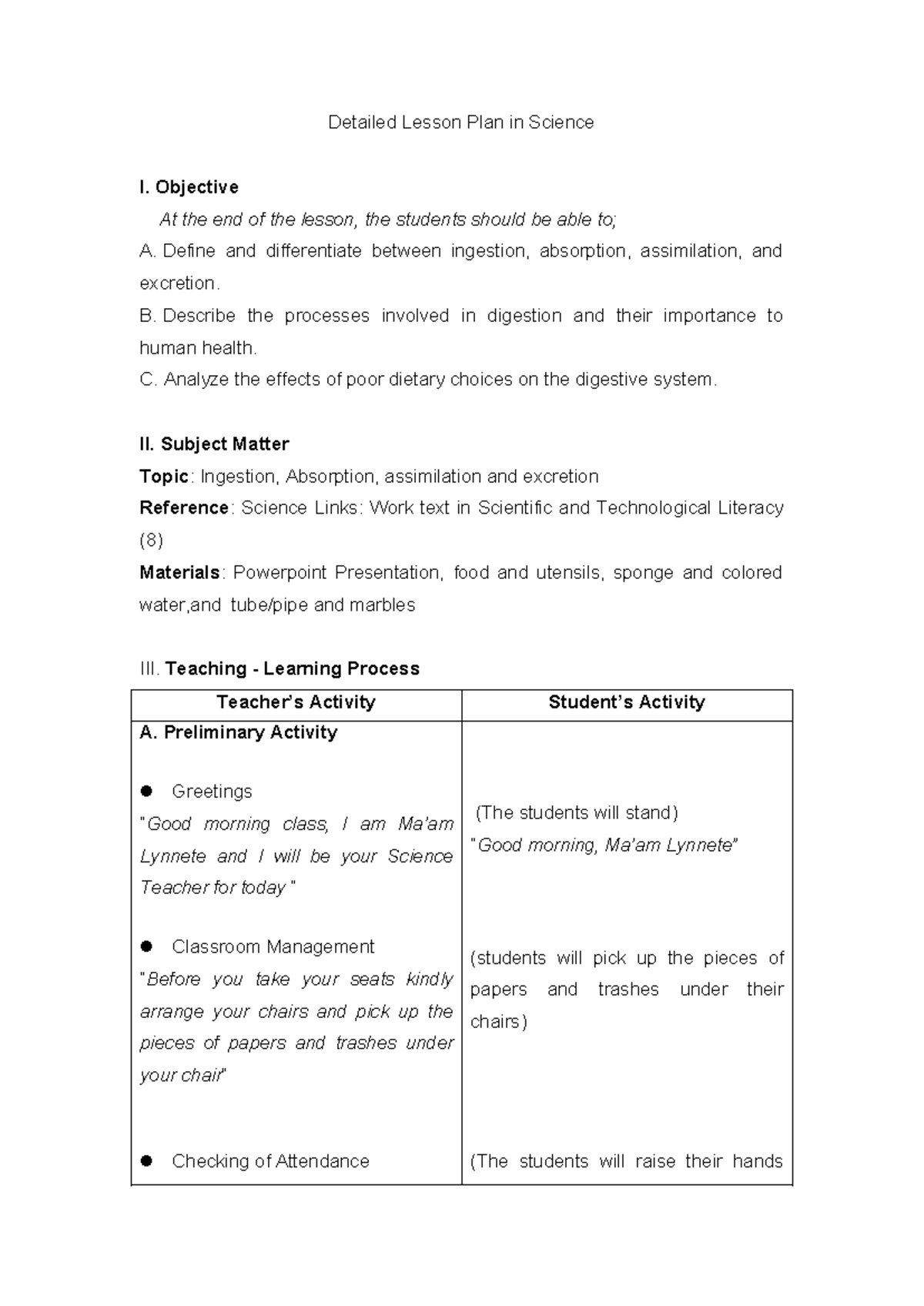 Detailed Lesson Plan: Science I - Digestion Processes and Health - Studocu