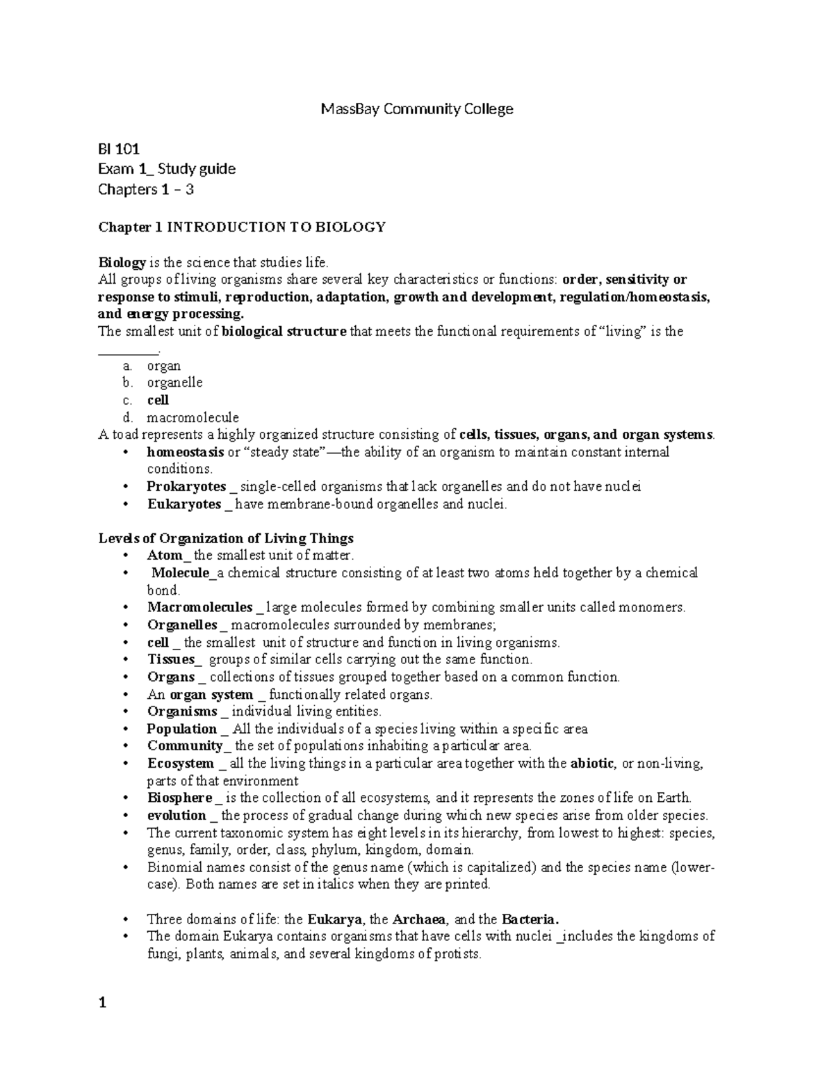 BI 101 Exam 1 Study Guide: Key Concepts from Chapters 1-3 - Studocu