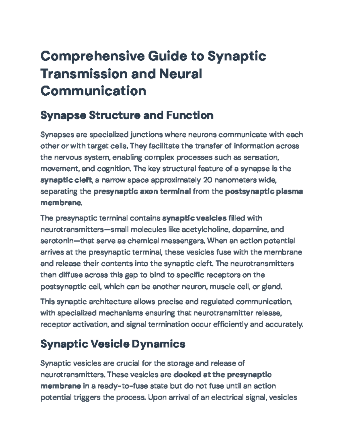 Comprehensive Overview of Synaptic Transmission Mechanisms (BIO 101 ...