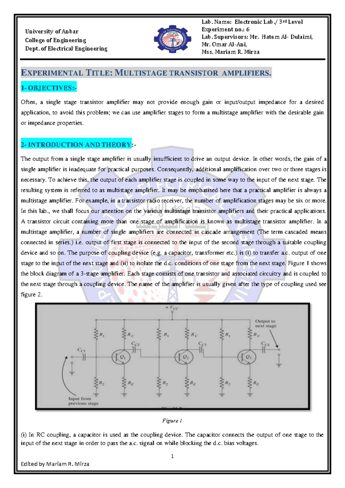 Lab. Report: Multistage Transistor Amplifiers (EE 19915) - Studocu