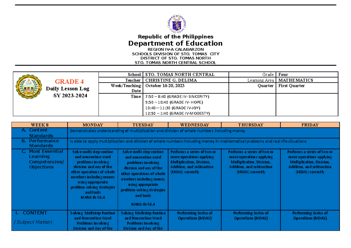 DLL - MATH-4-Q1 WEEK-8 Daily Lesson Log for Grade 4 Mathematics - Studocu