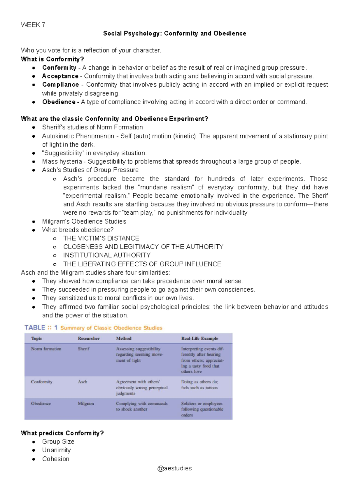 SOC 101: Final Exam Study Notes on Conformity, Obedience, and ...