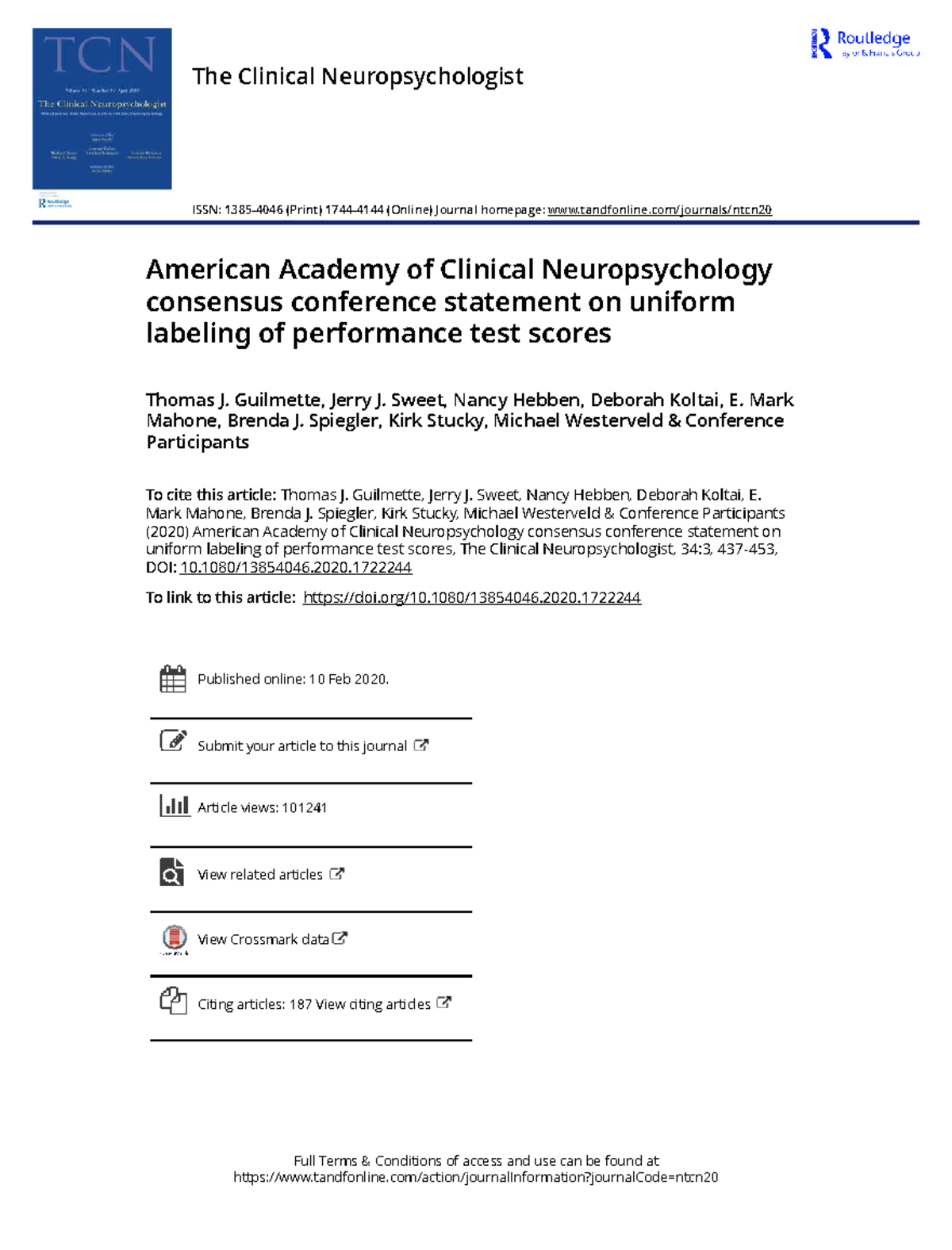 AACN Consensus on Uniform Test Score Labeling in Neuropsychology - Studocu