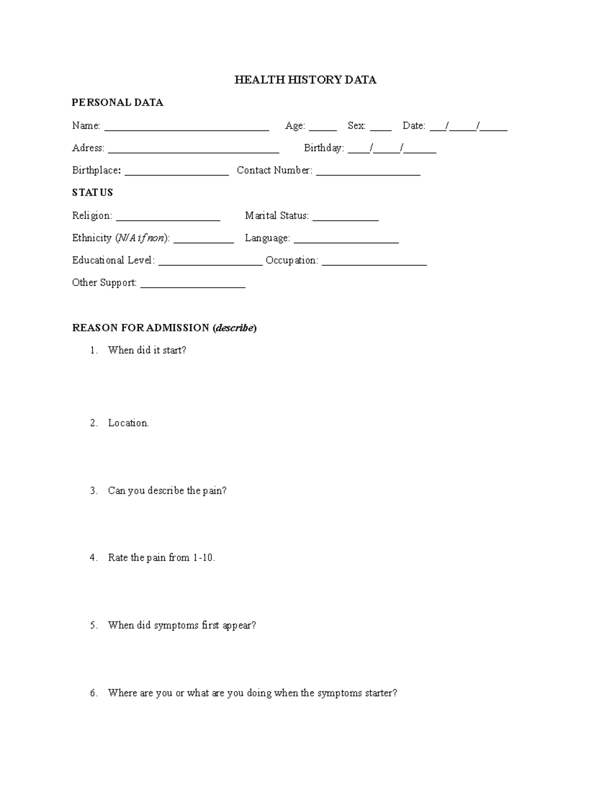 HEALTH HISTORY DATA SUMMARY: PERSONAL & PAST HEALTH INFO - Studocu