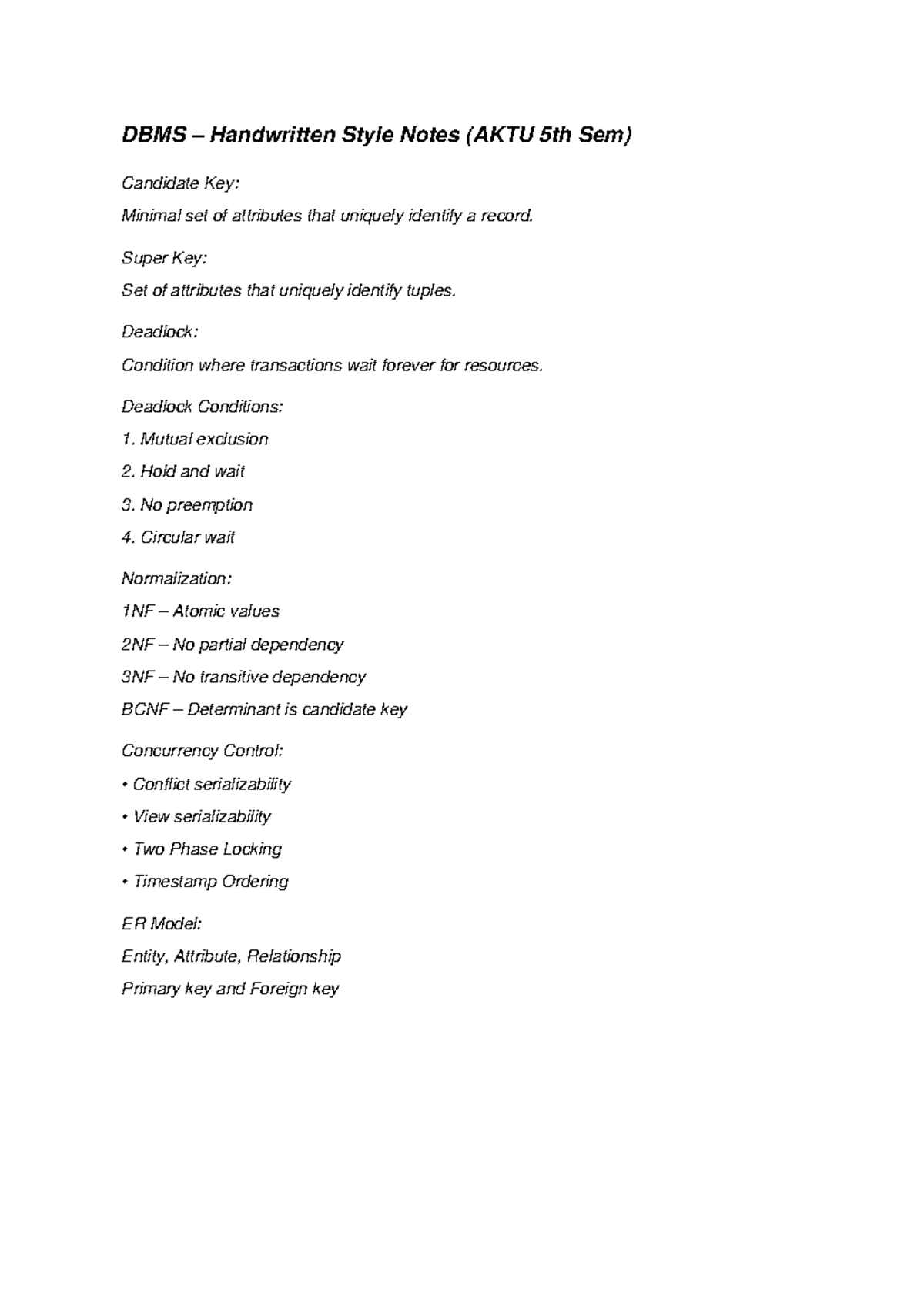 Computer science and engineering - DBMS – Handwritten Style Notes (AKTU ...