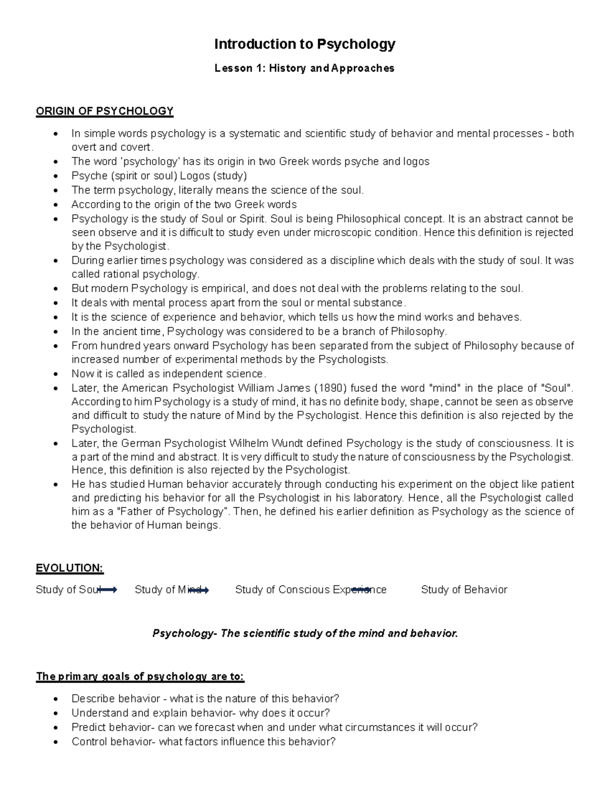 Intro to Psychology (PSY101) - Lesson 1: History and Approaches - Studocu