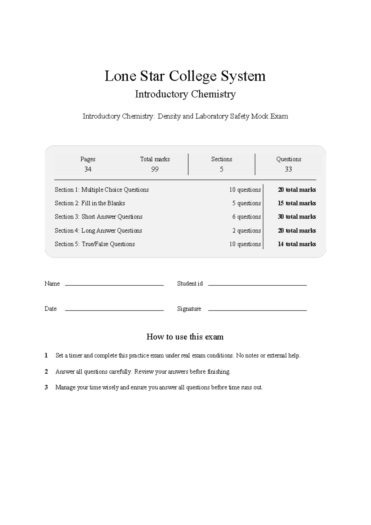 CHEM 1405 Introductory Chemistry: Density & Lab Safety Mock Exam - Studocu