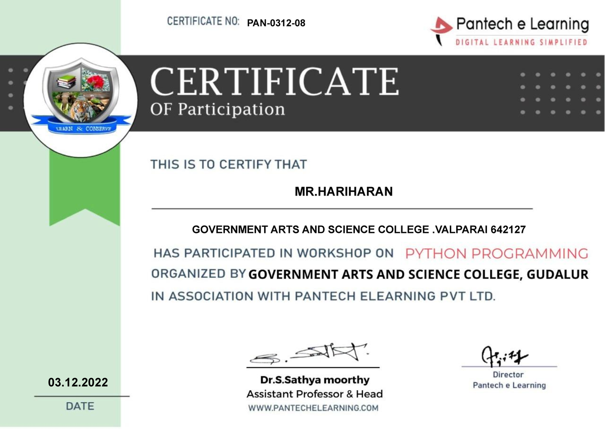 MR. Hariharan Government ARTS AND Science College . Valparai 642127 - B ...
