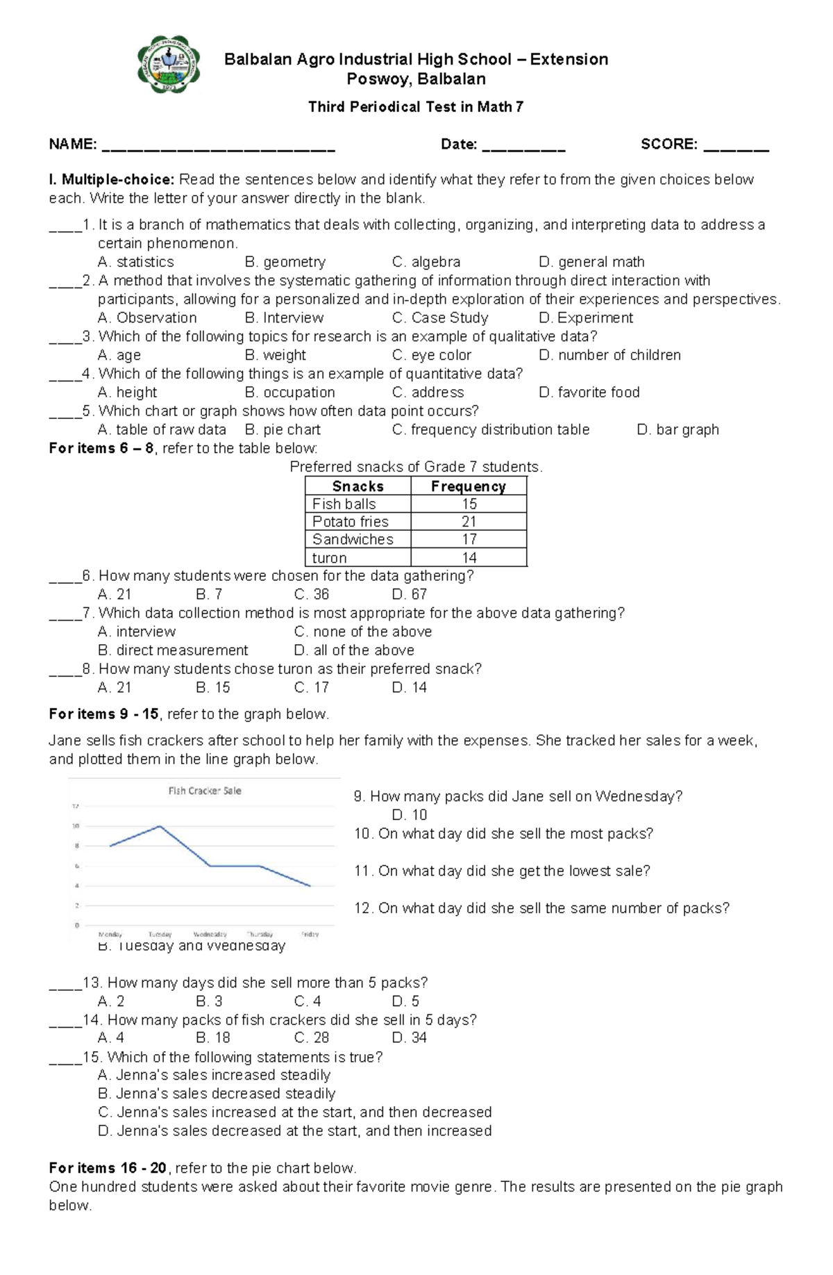 Math 7 - Third Periodical Test Review and Learning Materials - Studocu