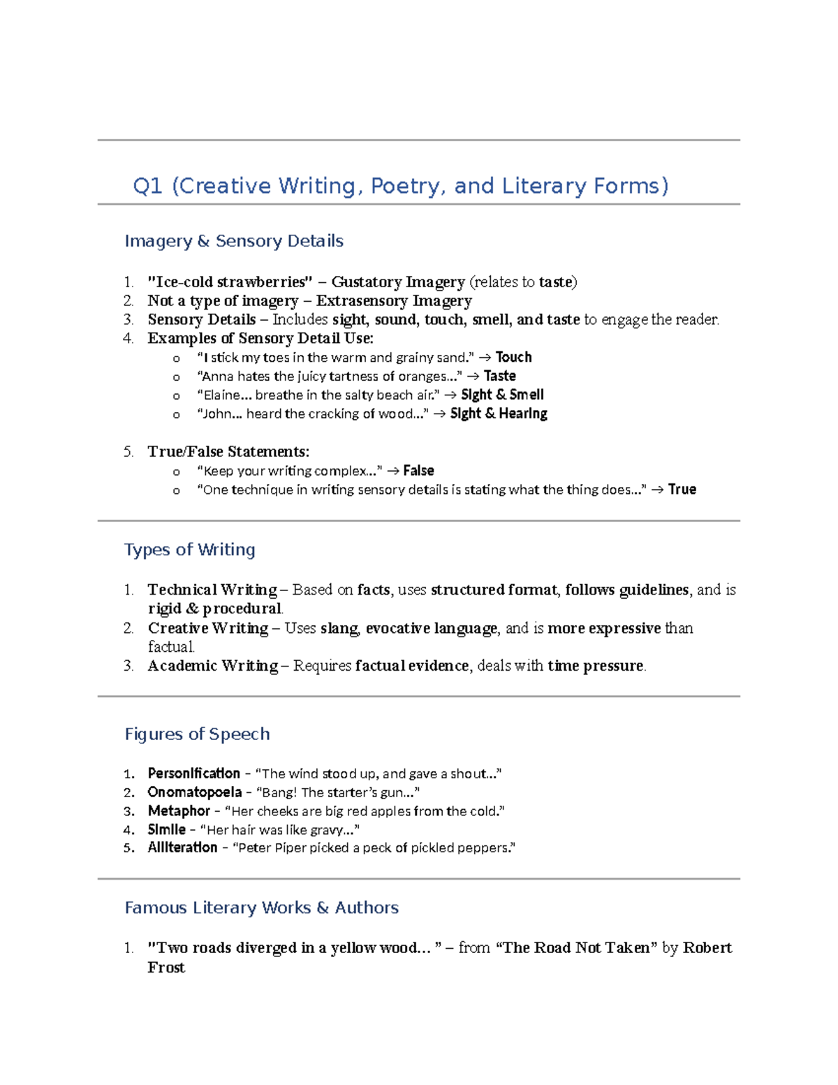 CW - Classwork on Imagery and Sensory Details in Creative Writing - Studocu