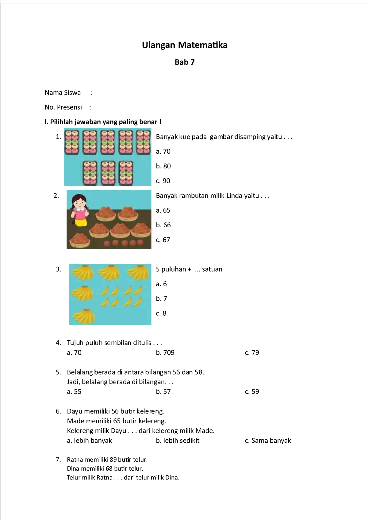 Ulangan Matematika Kelas 2 SD - Bab 7 (PF 3) - Studocu
