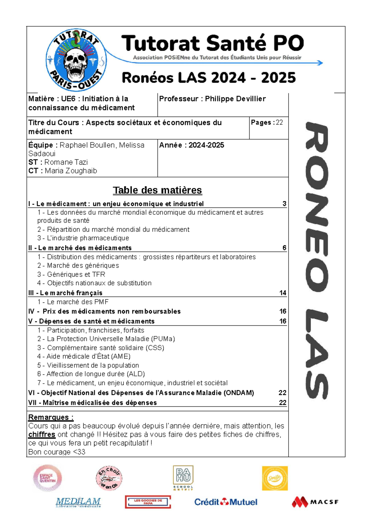 Ronéo 2024-2025 UE6 Aspects Sociaux & Économiques du Médicament - Studocu