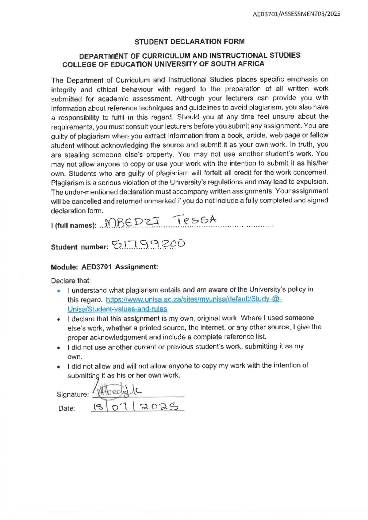AED3701 Assessment in Education: Plagiarism Declaration & Practices ...