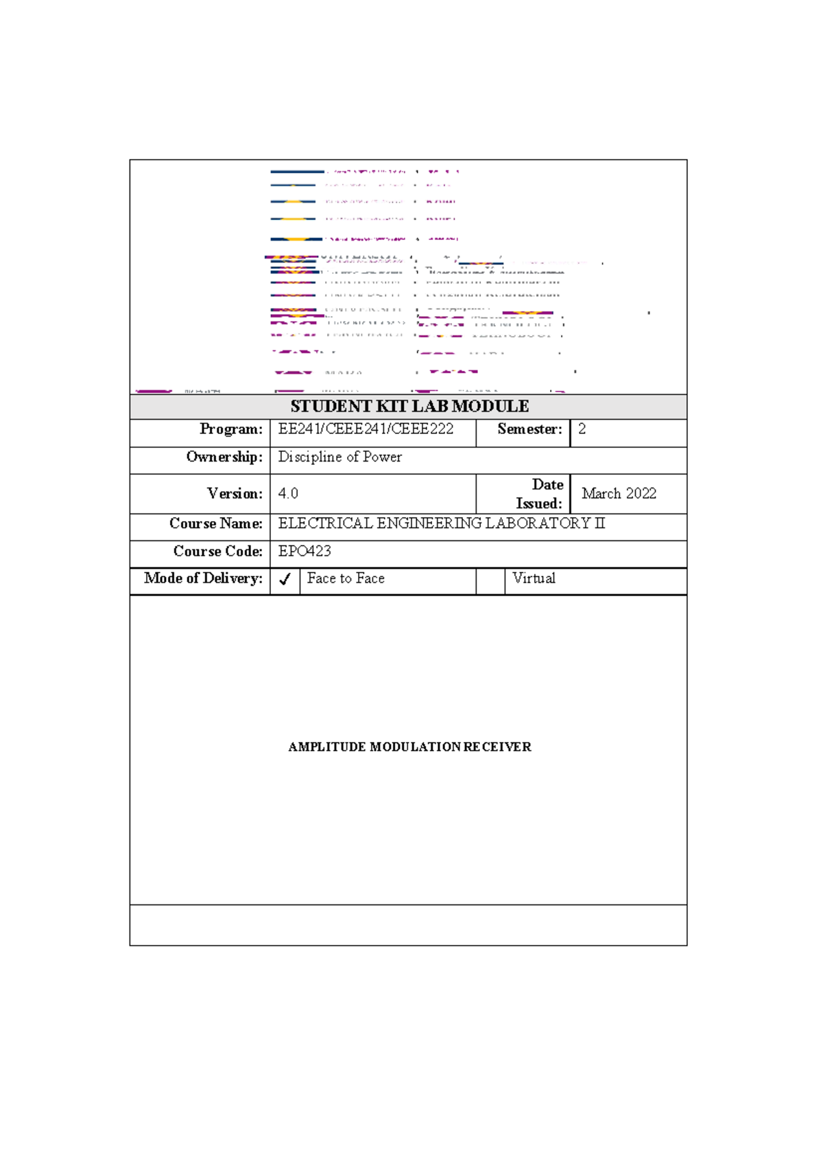 EPO423 EE241/CEEE241 Amplitude Modulation Receiver Prelab Guide - Studocu