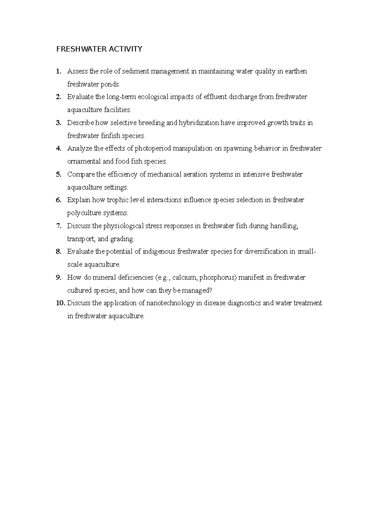 Freshwater Aquaculture Activity 1: Key Questions & Insights - Studocu