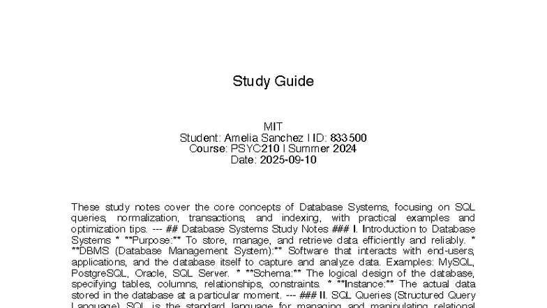 Database Systems Study Notes for PSYC210 - Summer 2024 - Studocu