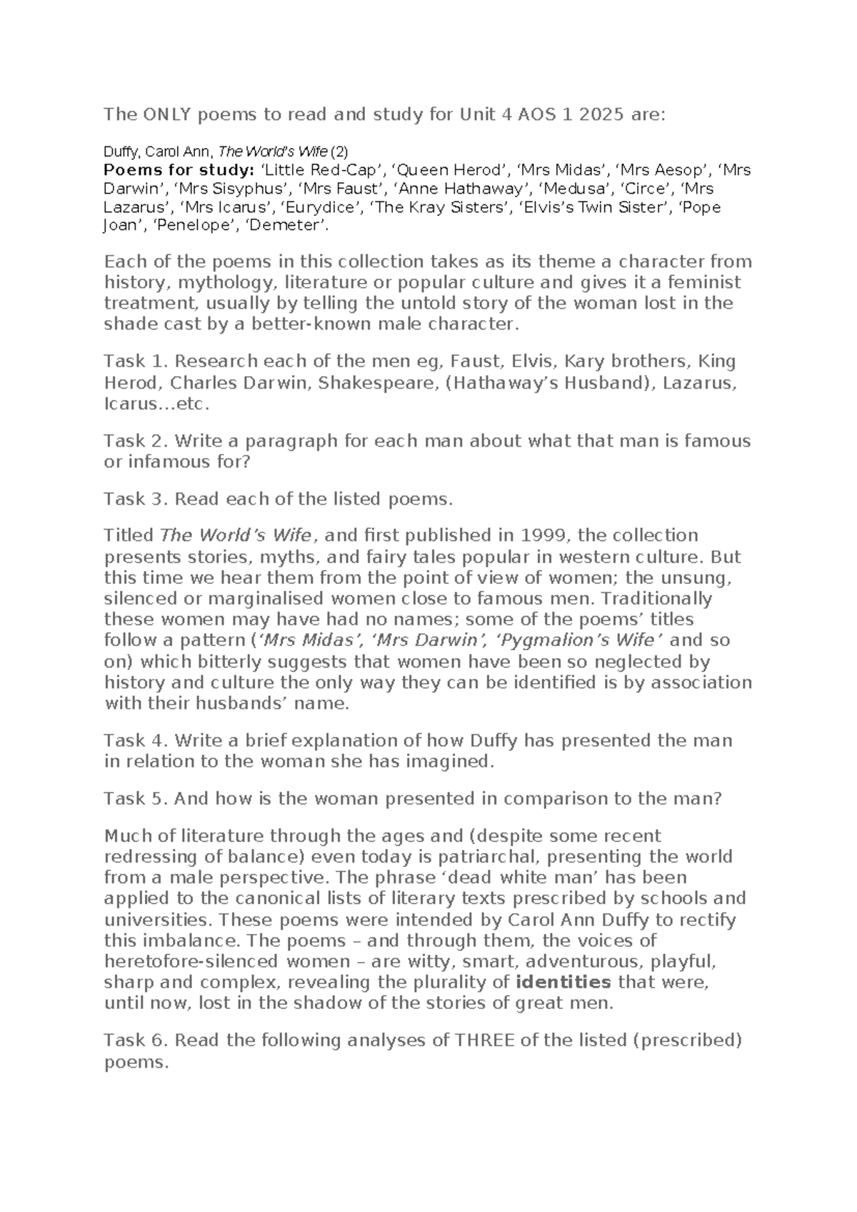 Unit 4 AOS 1 2025: Study Guide for Carol Ann Duffy's "The World's Wife" - Studocu