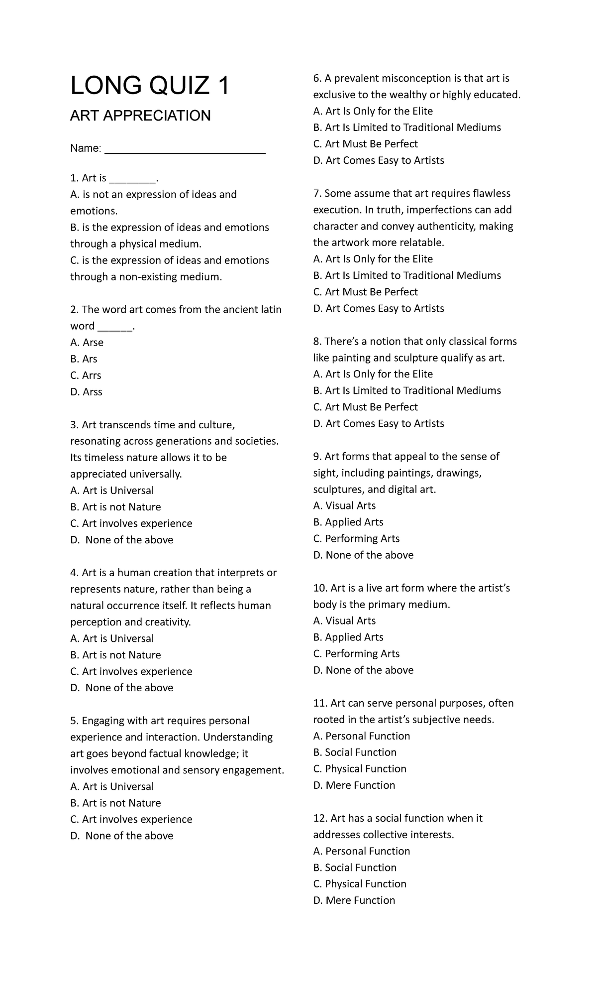 Art Appreciation Quiz - Long Quiz 1 for ART APP 101 - Studocu
