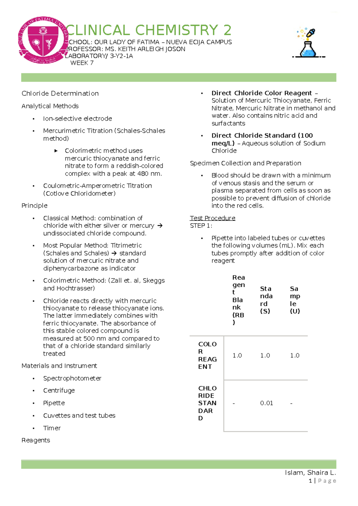 Chloride Determination Methods - CLINICAL CHEMISTRY 2 Lab Notes - Studocu