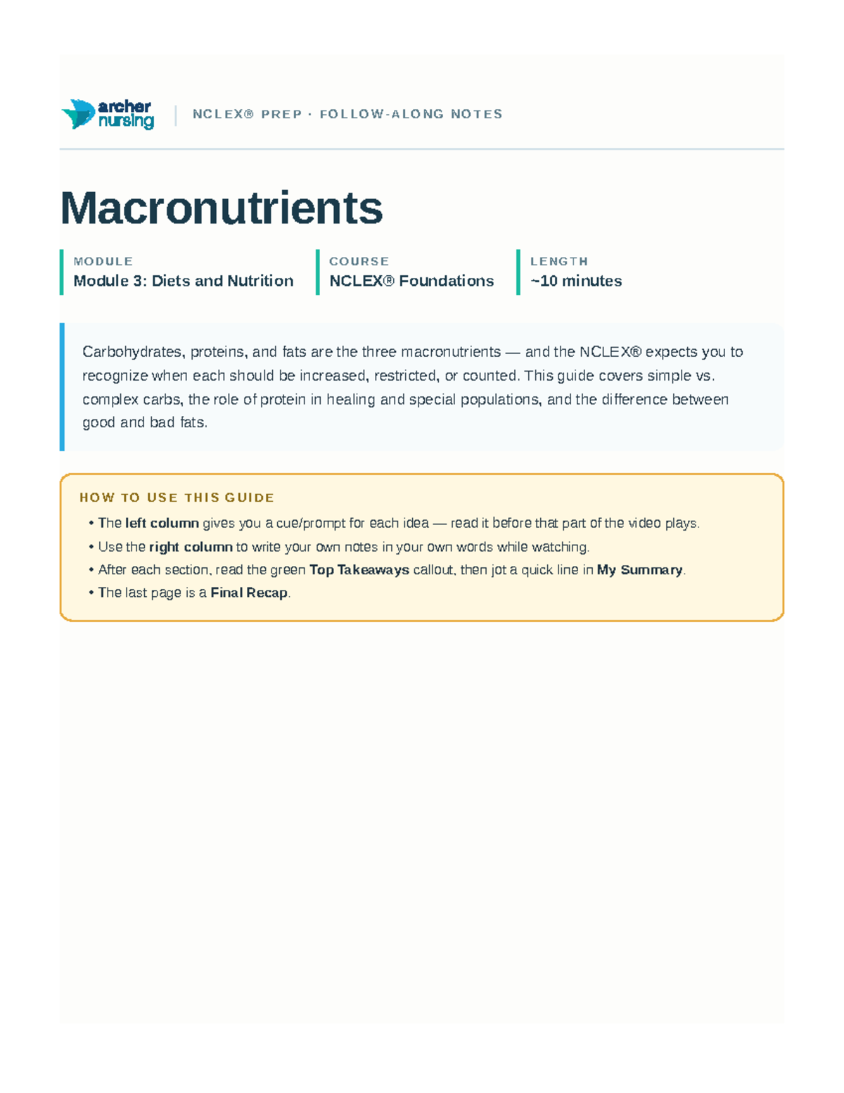 Archer Review: Macronutrients Module 3 - Diets & Nutrition Notes - Studocu