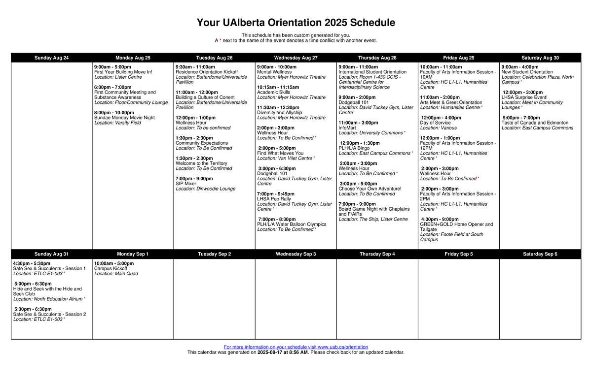 UAlberta Orientation 2025 Schedule: Events & Activities - Studocu