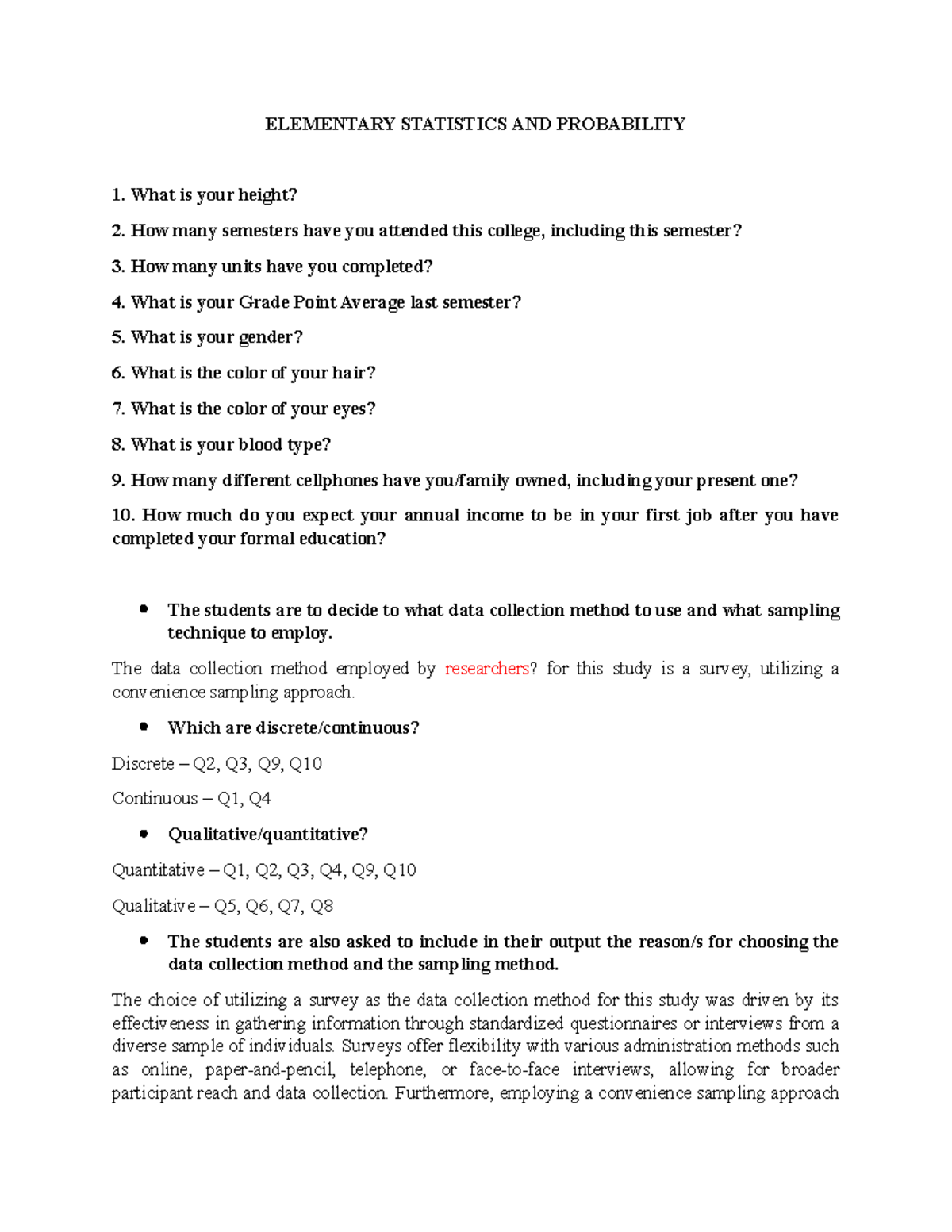 ESP pre mini research activity 1 - ELEMENTARY STATISTICS AND ...