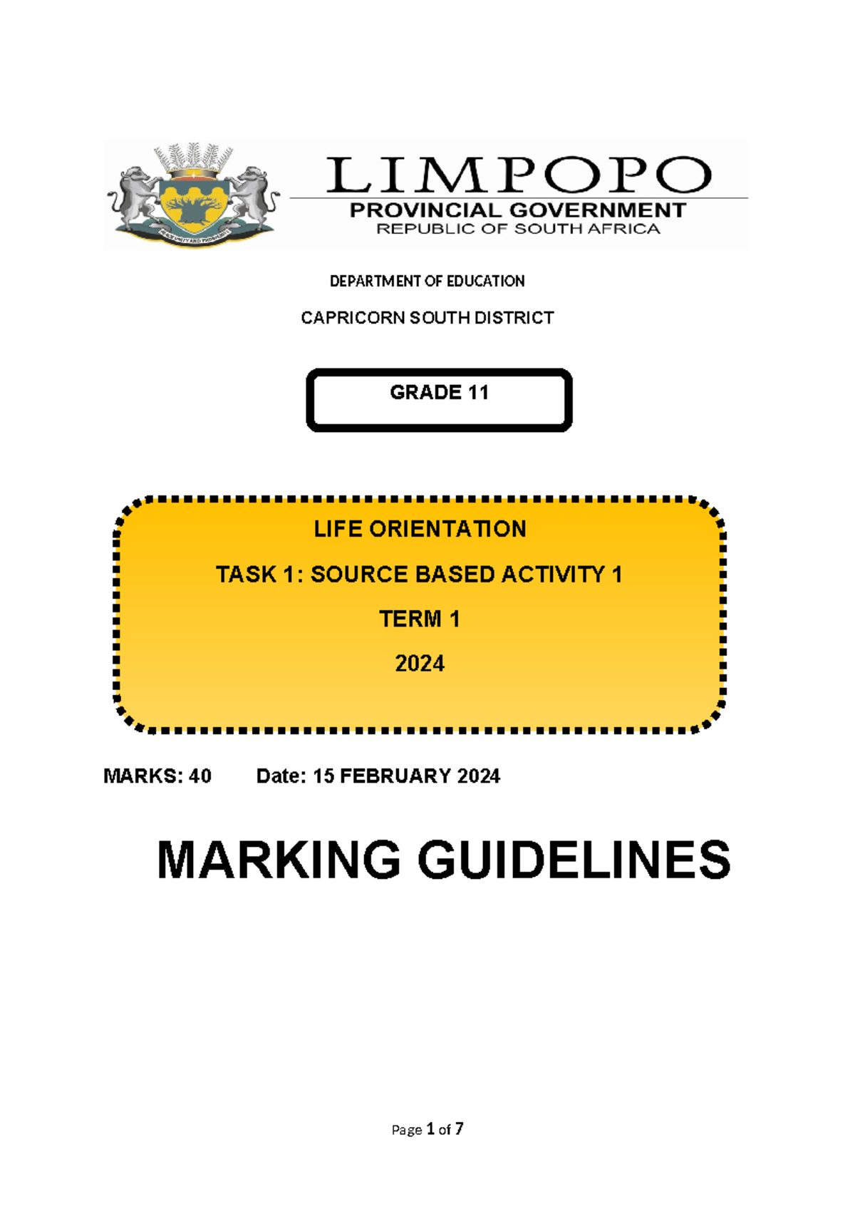 Grade 11 LIFE Orientation Task 1 Activity 1 Marking Guidelines 2024 ...