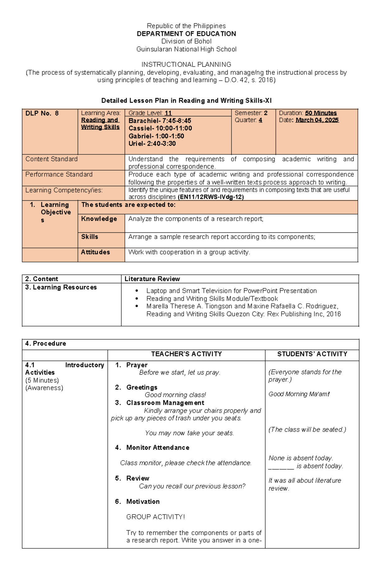 DLP-12-RWS - Lesson Plan - Republic of the Philippines DEPARTMENT OF ...