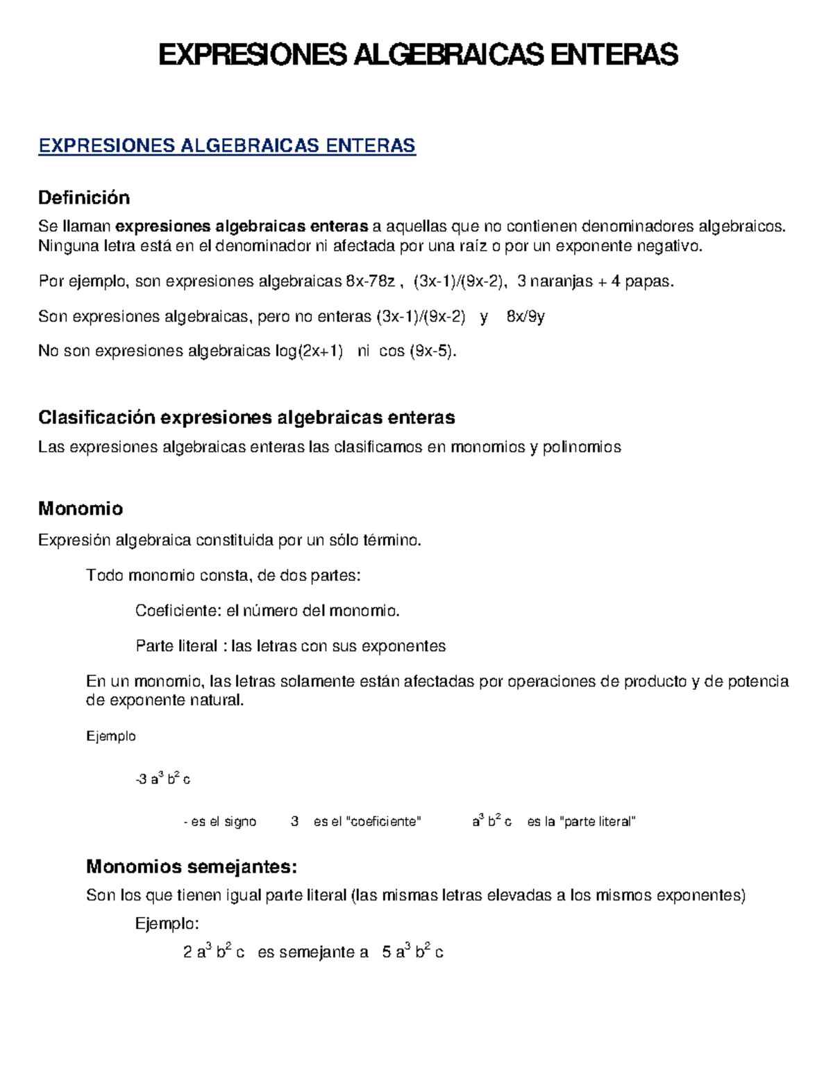 Hoja De Trabajo Sobre Las Partes De Una Expresión Algebraica Completa