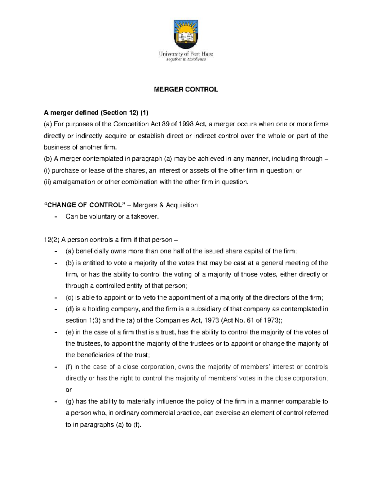 Mergers and Competition Law: Understanding Control and Notification Procedures - - Studocu