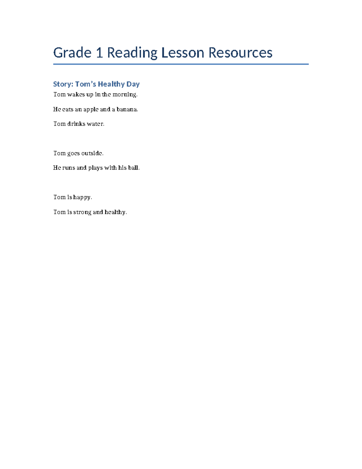 Grade 1 Reading Lesson: Healthy Day Story Resources - Studocu