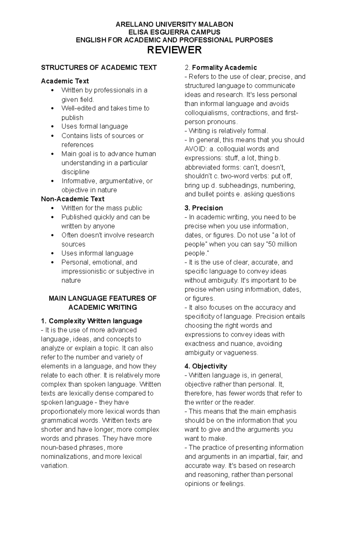 EAPP- Reviewer - LECTURE NOTES IN EAPP - ELISA ESGUERRA CAMPUS ENGLISH ...