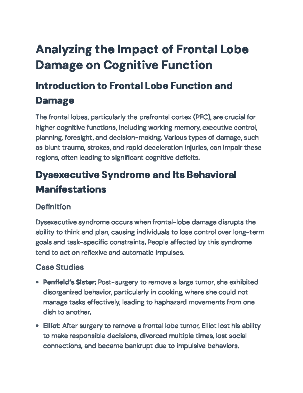 Frontal Lobe Damage and Cognitive Function: Impacts and Case Studies ...