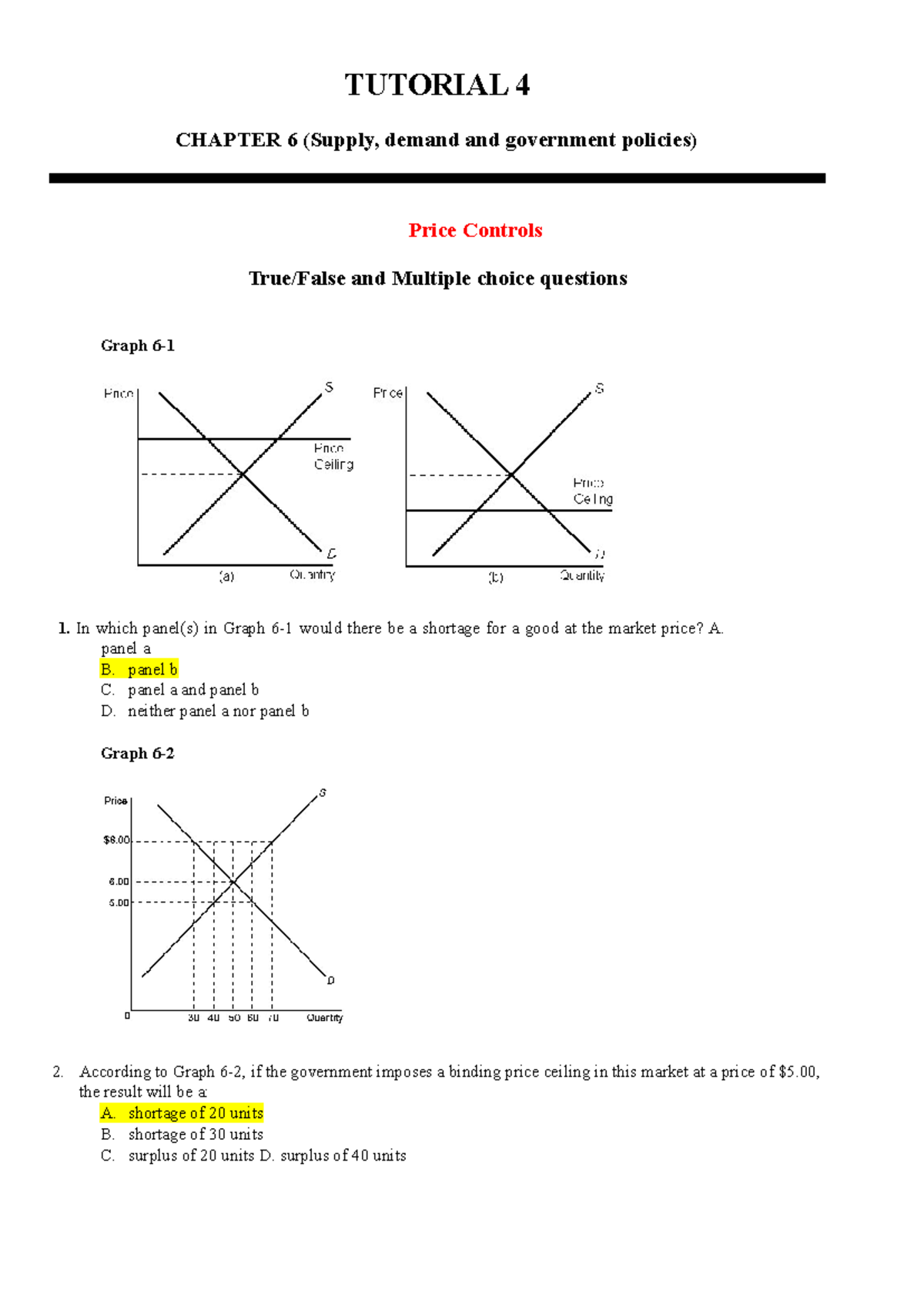 Tutorial 4: Chapter 6 - Price Controls & Market Effects Analysis - Studocu