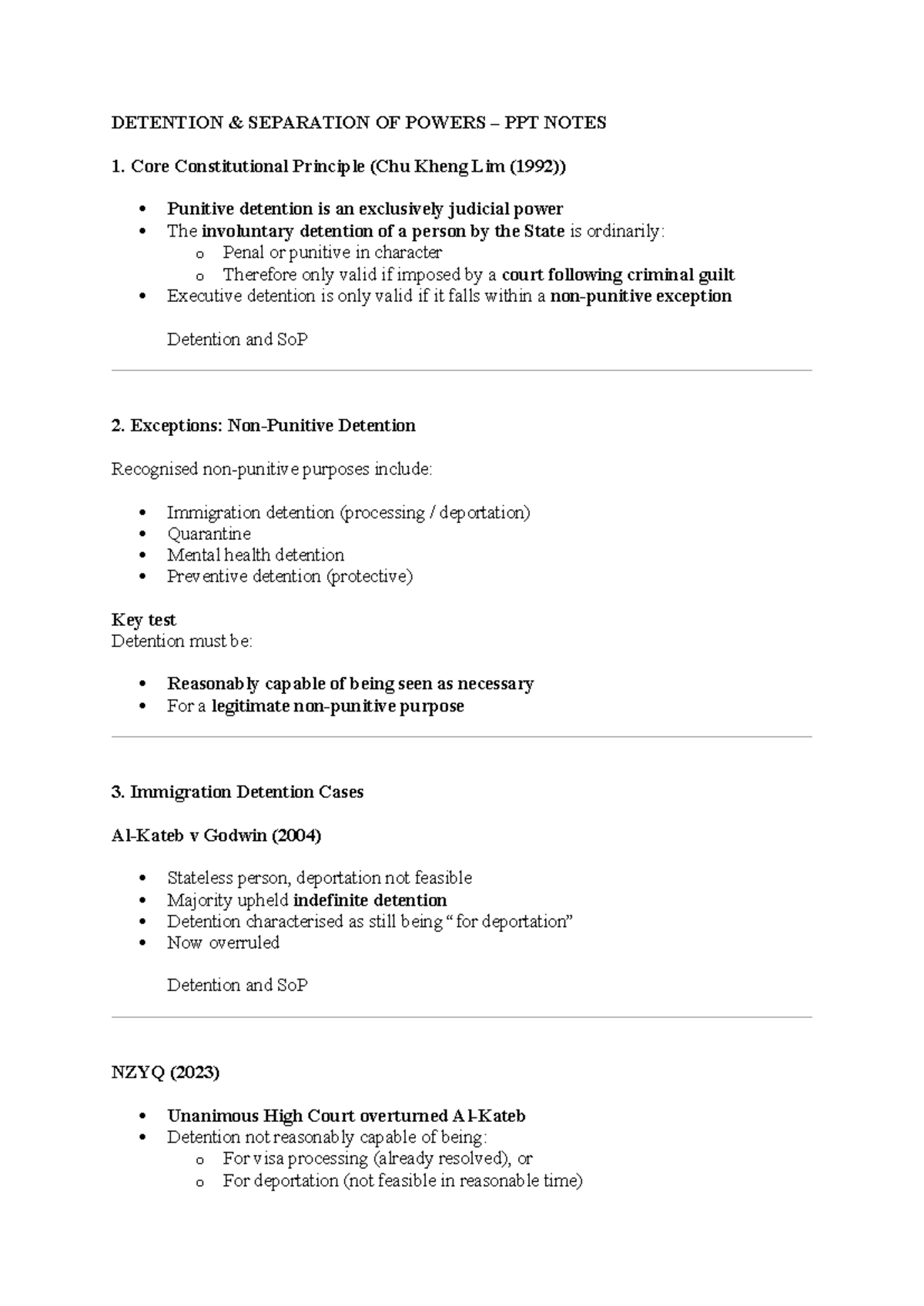 DETENTION AND SEPARATION OF POWERS PPT NOTES (W9) - Studocu
