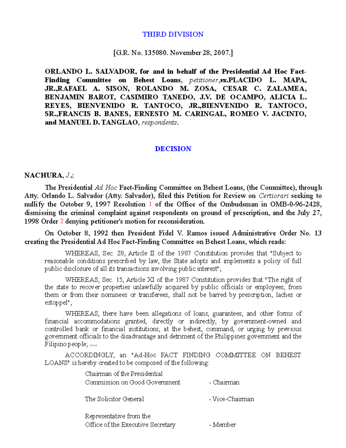 Salvador v. Mapa, Jr.: Decision on Behest Loans Case, G.R. No. 135080 ...