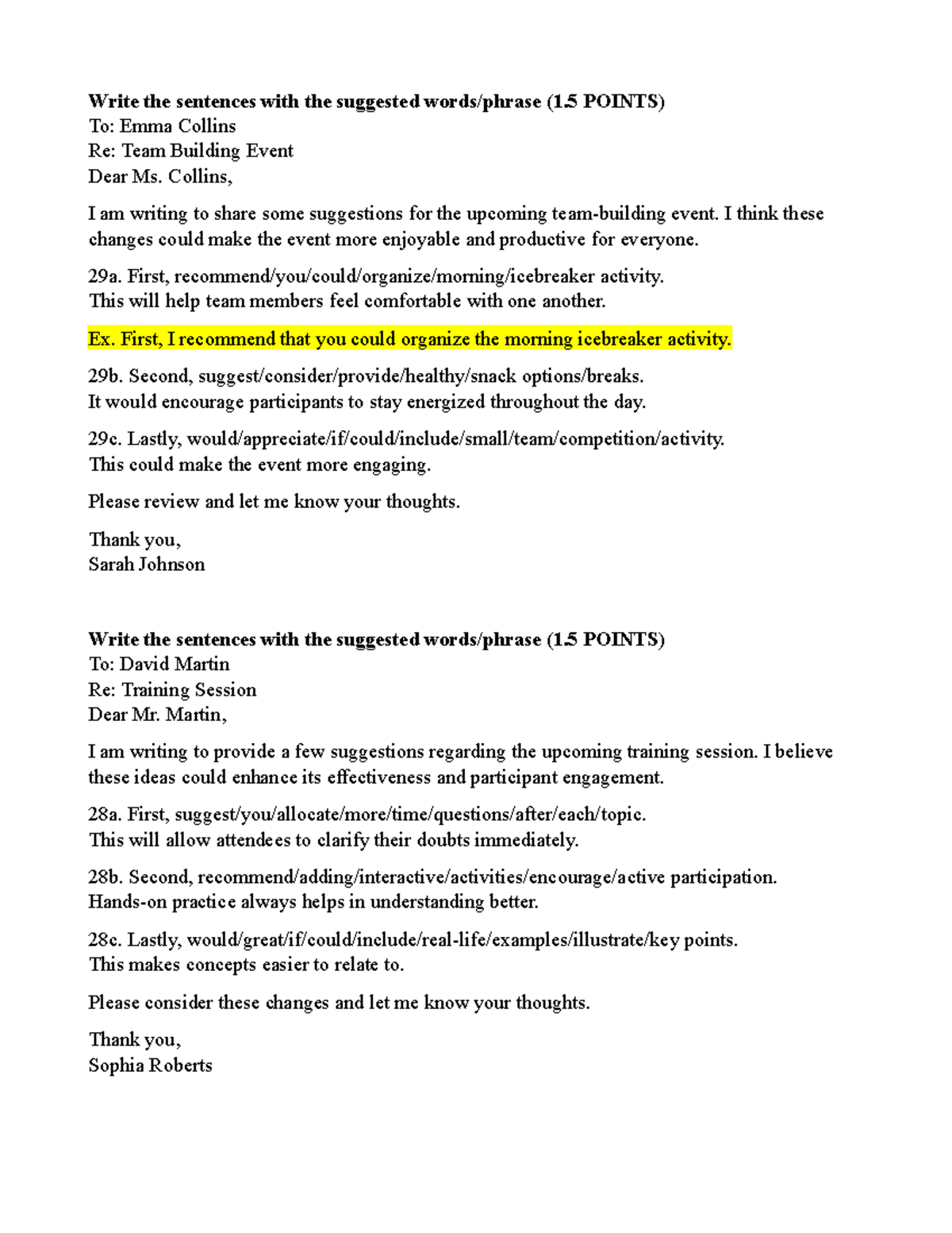 Writing Letter Samples for Suggestions (1.5 POINTS) - Studocu