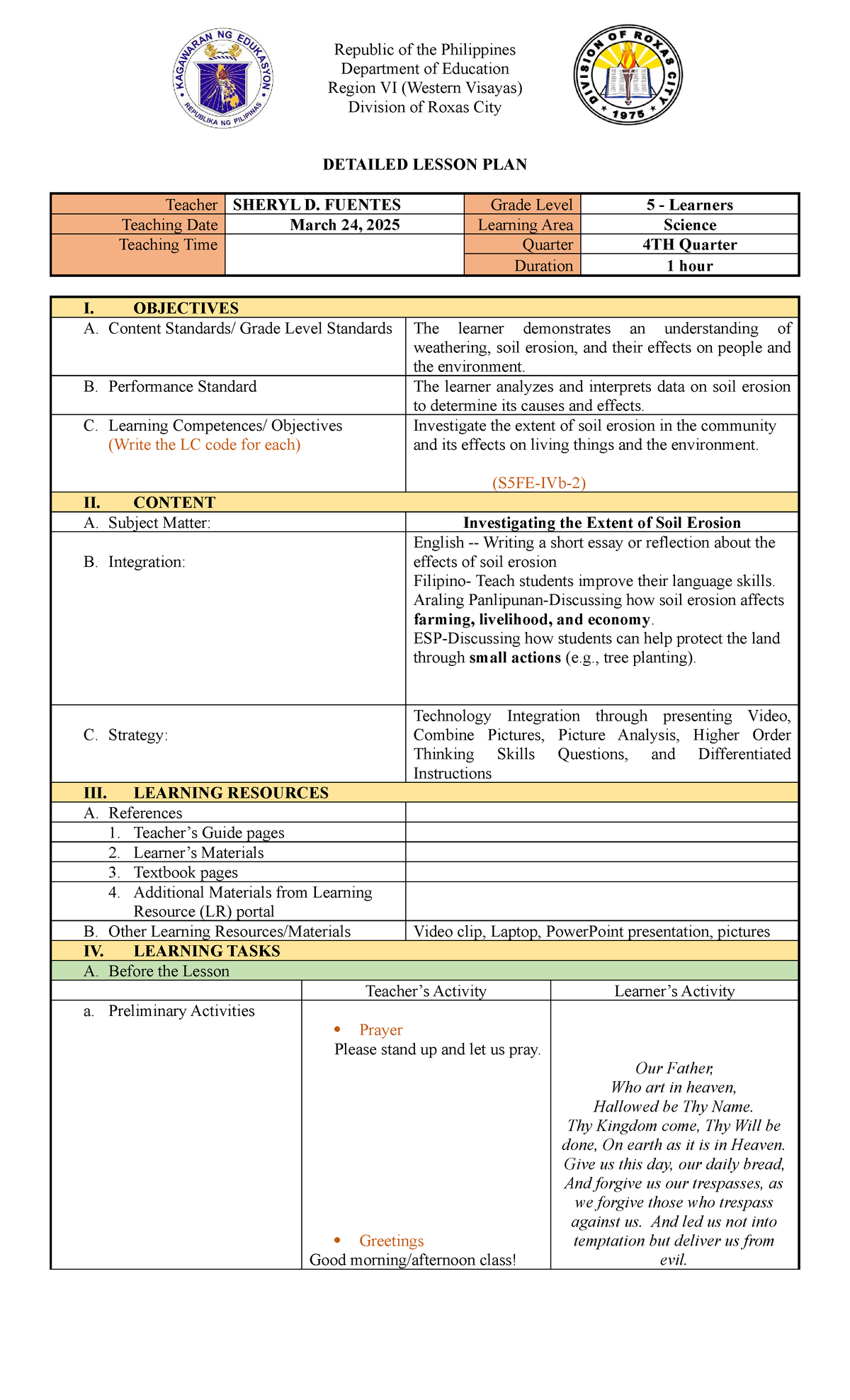 Detailed Lesson Plan on Soil Erosion (Grade 5 Science) - Studocu