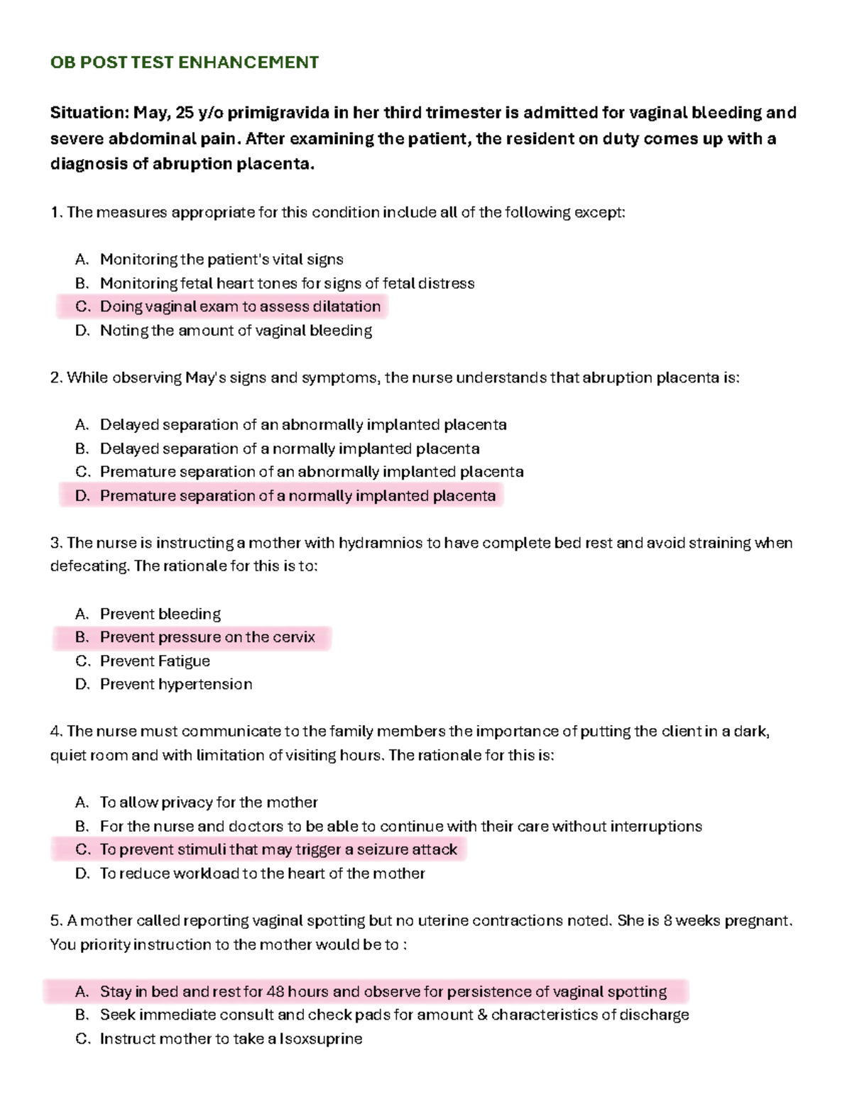 OB POST TEST ENHANCEMENT: Abruption Placenta and Related Complications ...