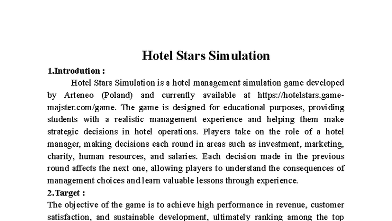 Hotel Stars Simulation: Management Game Insights & Strategies - Studocu