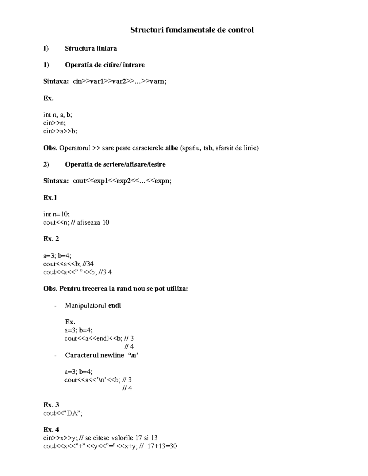 Structuri fundamentale de control I - Sintaxe și Exemple - Studocu