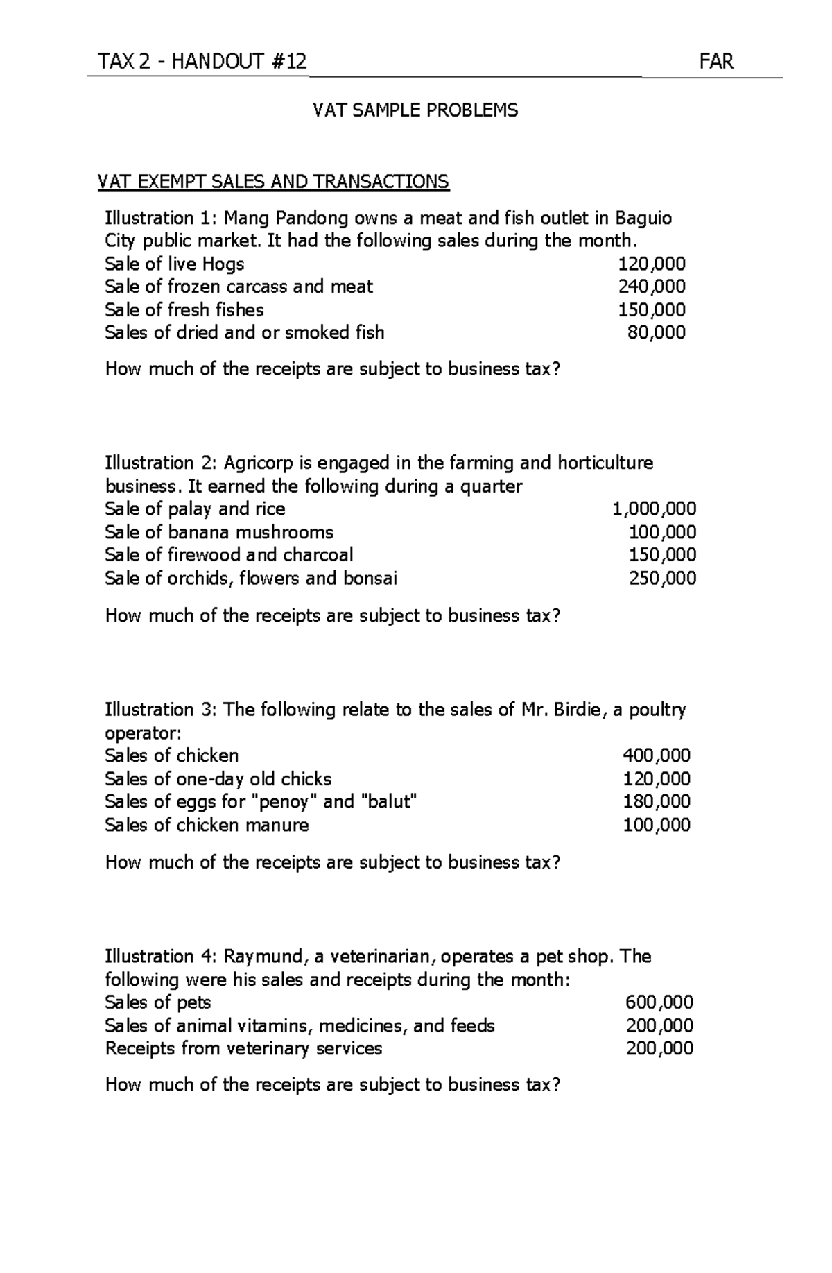 Handout #12 - VAT Sample Problems and Business Tax Calculations - Studocu