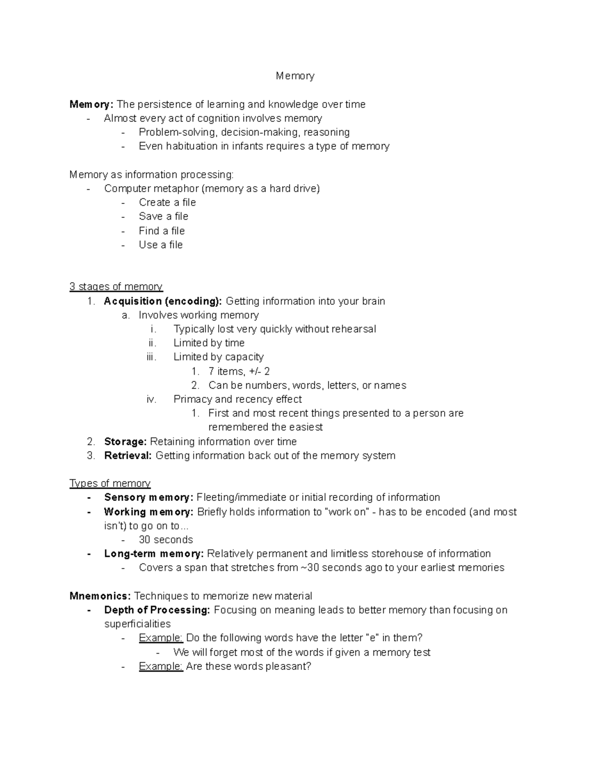 PSY 2301 Chapter 8 Notes - Memory - Memory Memory: The persistence of ...