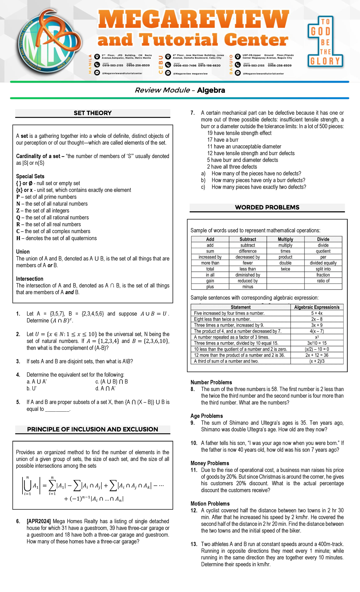 Review Module 01 Algebra - Review Module – Algebra SET THEORY A set is ...